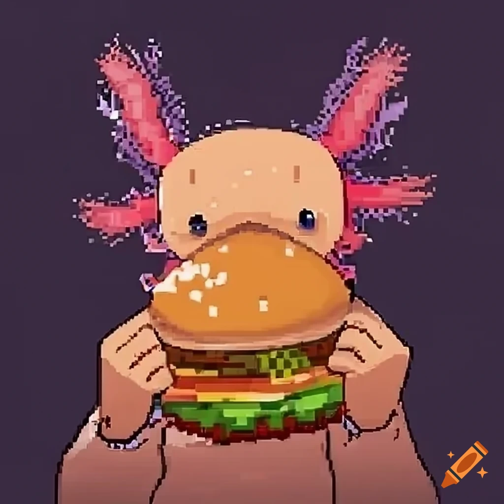 Minecraft axolotl enjoying a burger on Craiyon