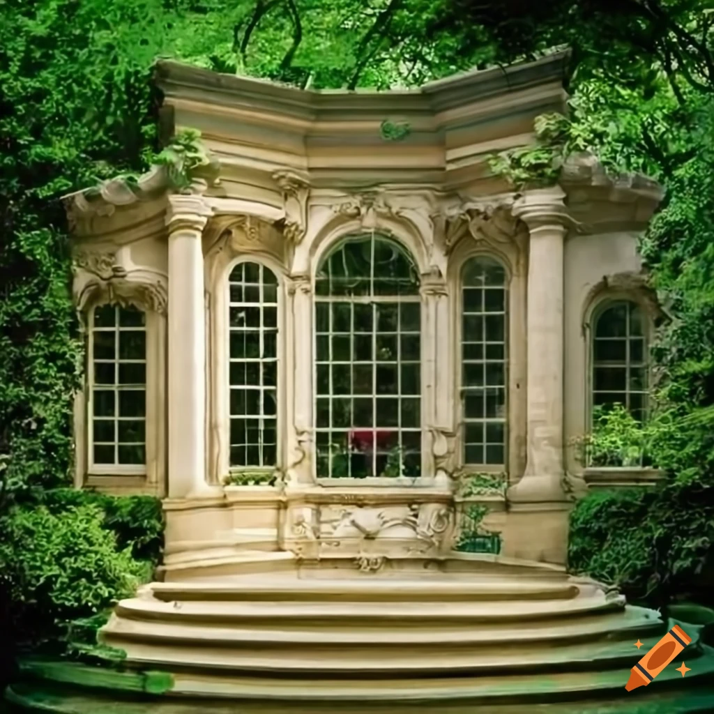 Rococo stucco entrance on a leafy garden on Craiyon