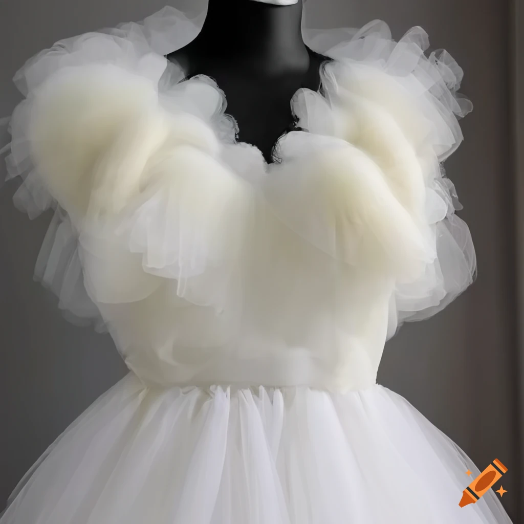 White tulle flounced attire with furbelow on Craiyon