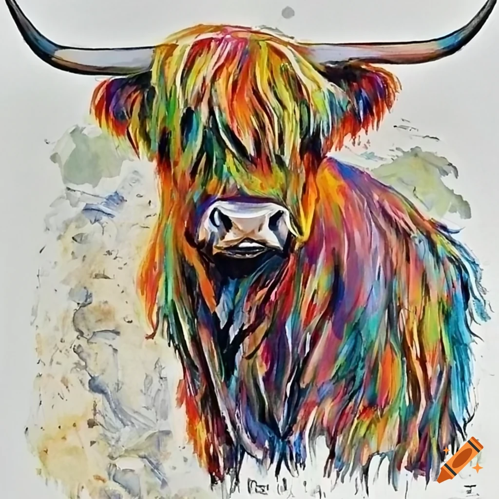 Abstract watercolor painting of a Scottish highlander cow on Craiyon