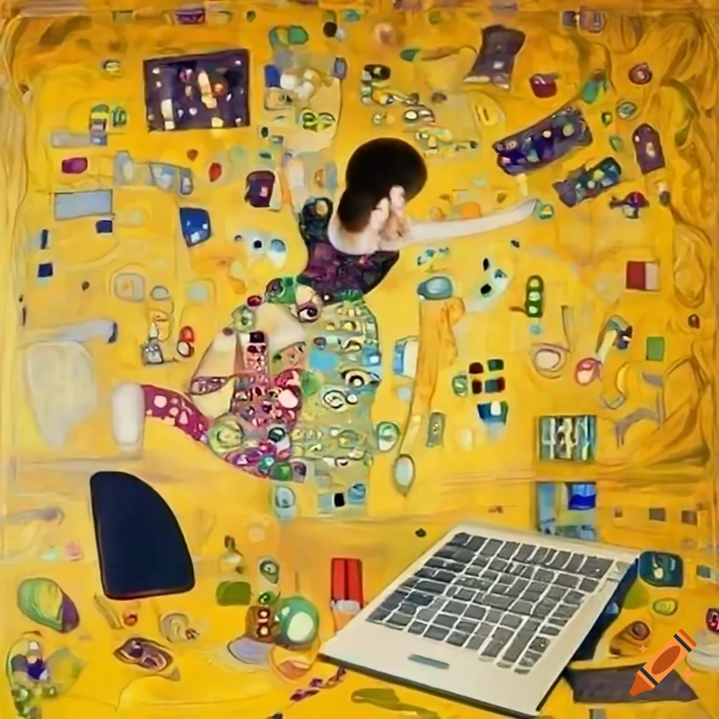 Surreal painting of person working on a floating computer on Craiyon