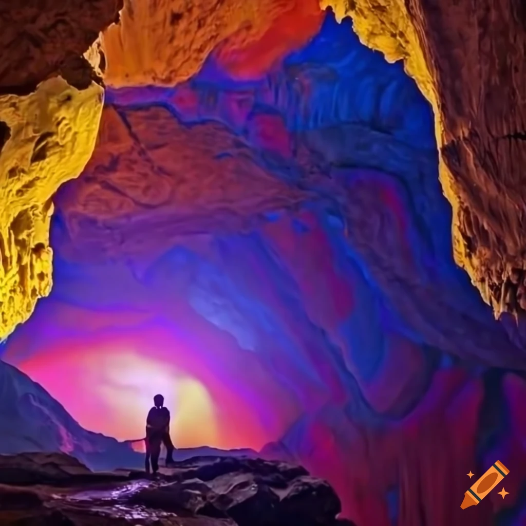 Colorful cavern of gems with upside-down mountain ceiling on Craiyon