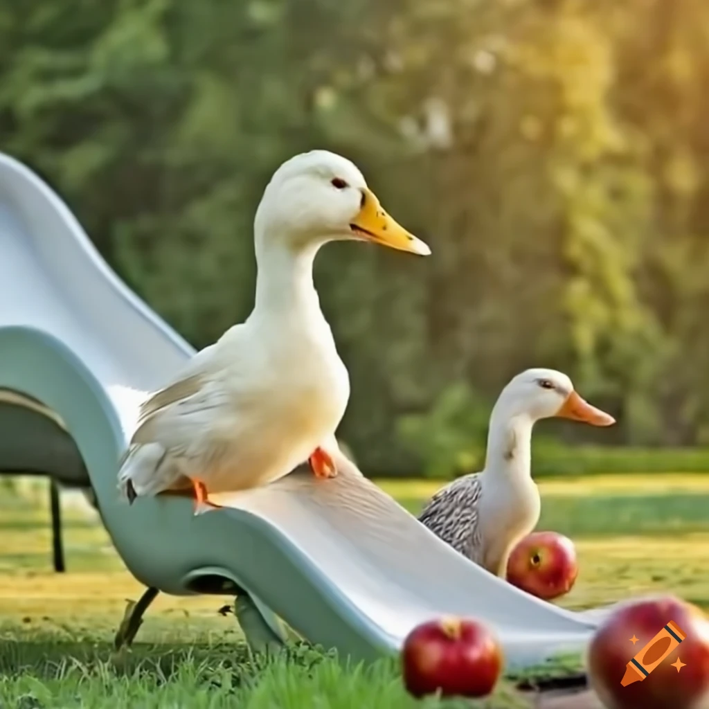Ducks and apples having fun on a slide on Craiyon