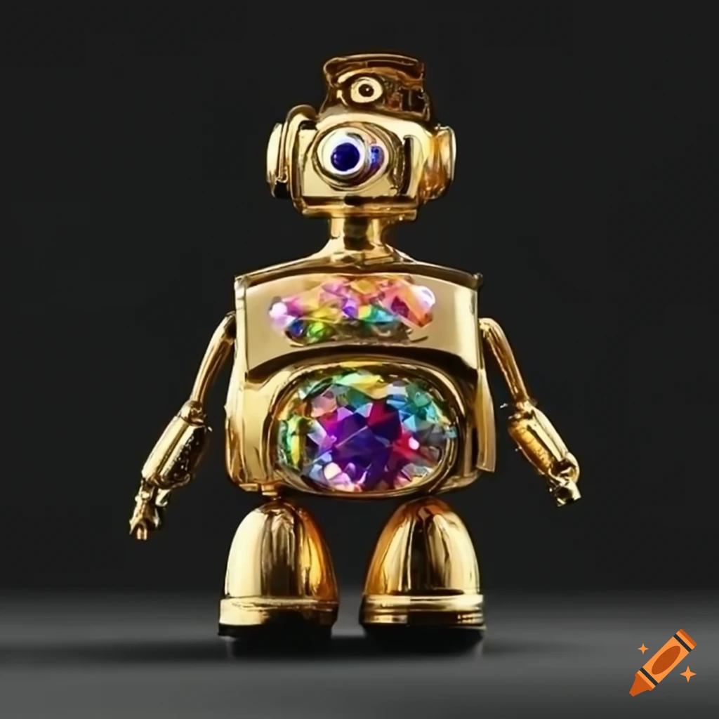 Brass robot with rainbow crystal in chest on Craiyon