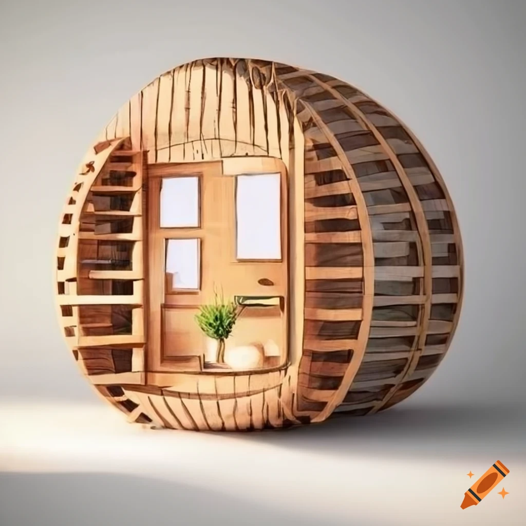 Intricate drawing of a wooden living pod on Craiyon