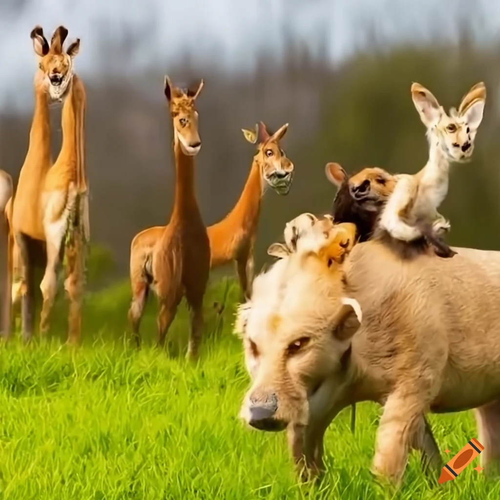 Group of animals in a village setting