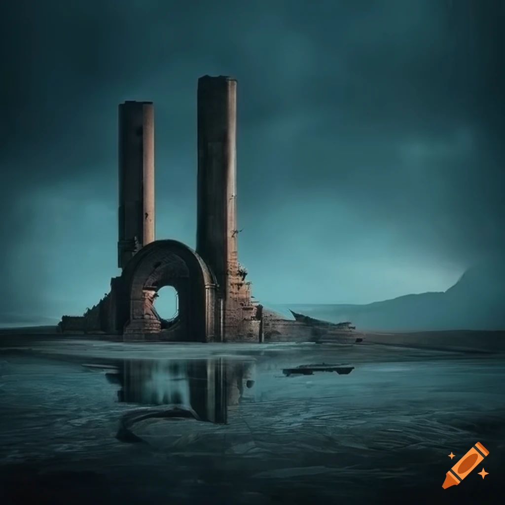Surreal architectural ruins in a desolate landscape on Craiyon