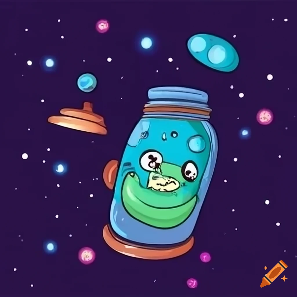 Funny illustration of a pickle jar spaceship in outer space on Craiyon