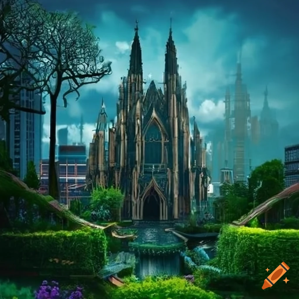 Solarpunk cityscape with modern gothic architecture on Craiyon