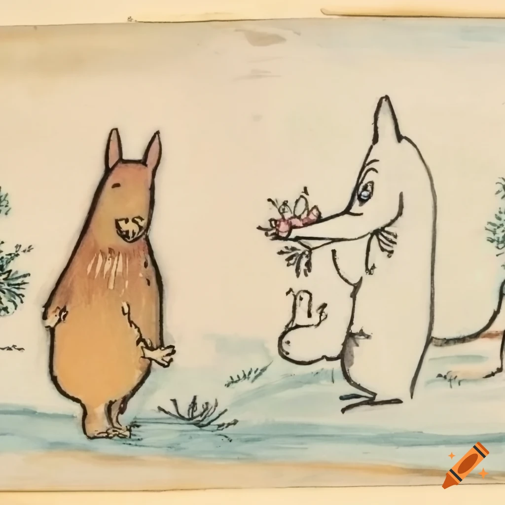 Illustration of a Moomin offering a bouquet of flowers on Craiyon