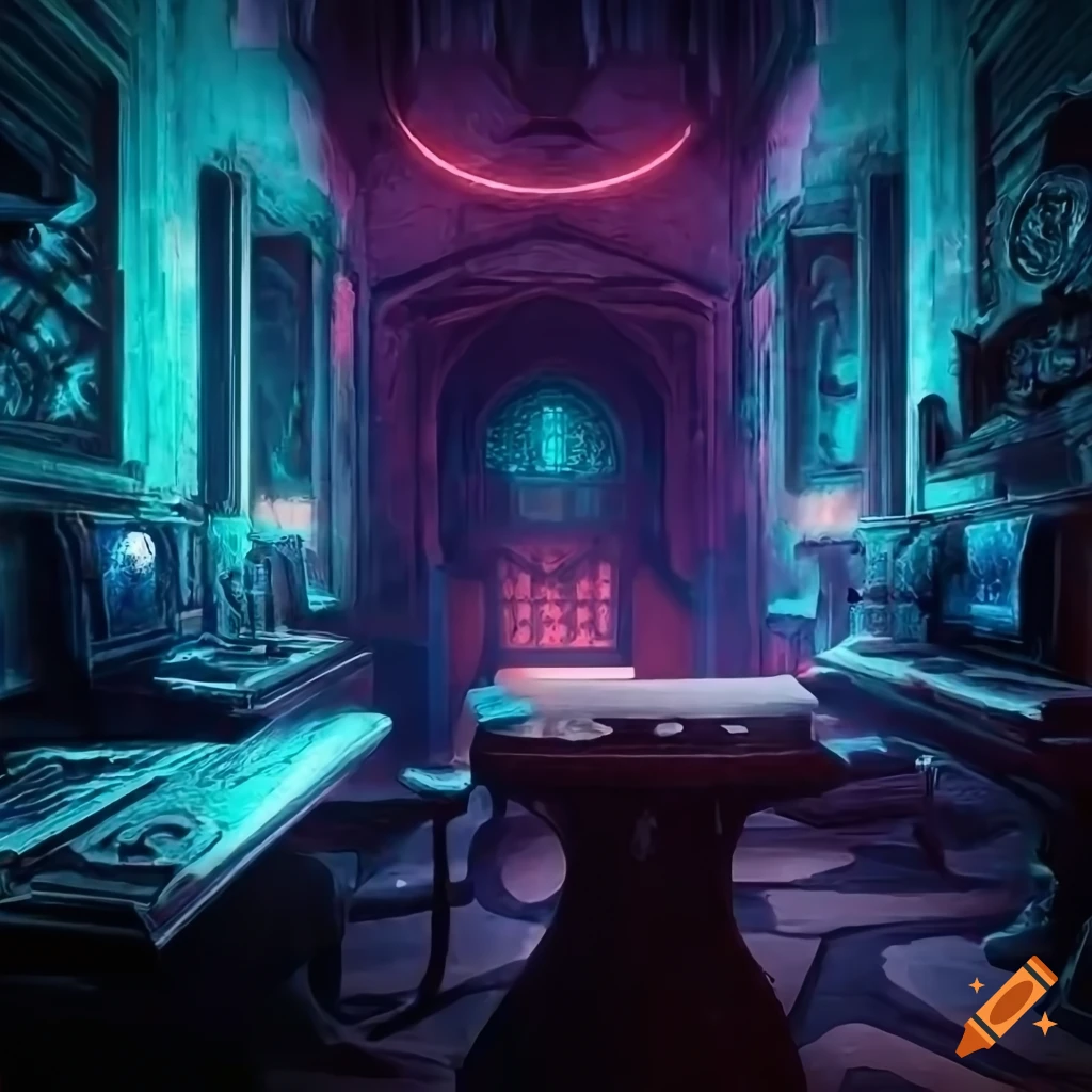 Matte painting of a gothic basement computer room on Craiyon