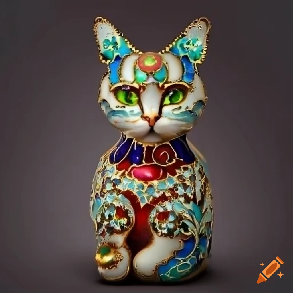 Intricate artwork of a cloisonne cat on Craiyon