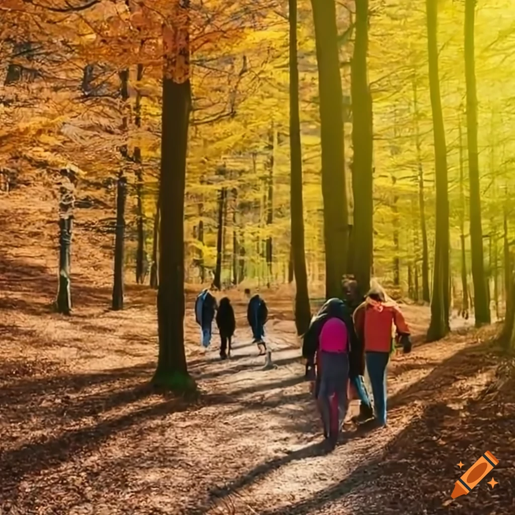 Group of people hiking in an autumn forest on Craiyon