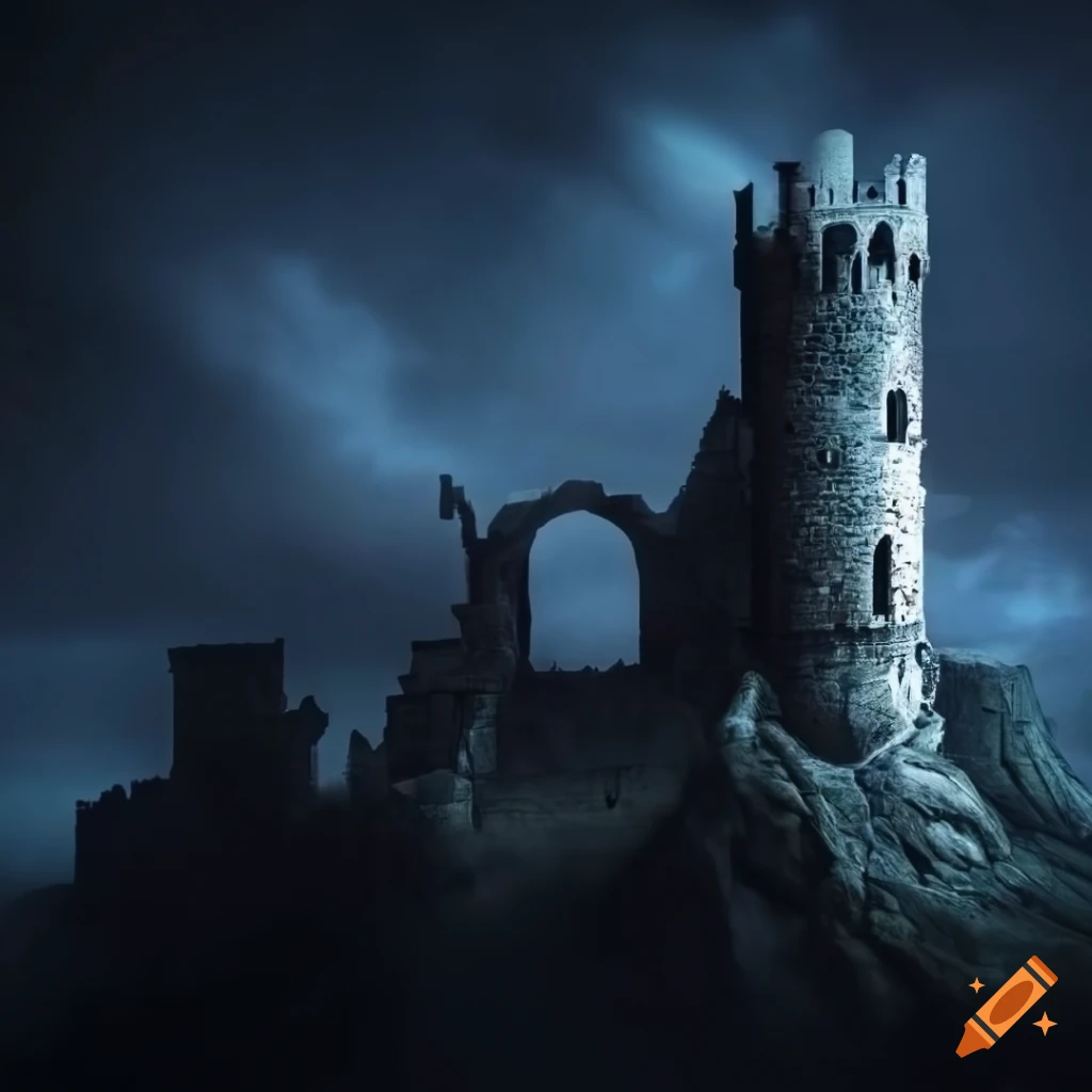 Medieval castle ruins at night on Craiyon