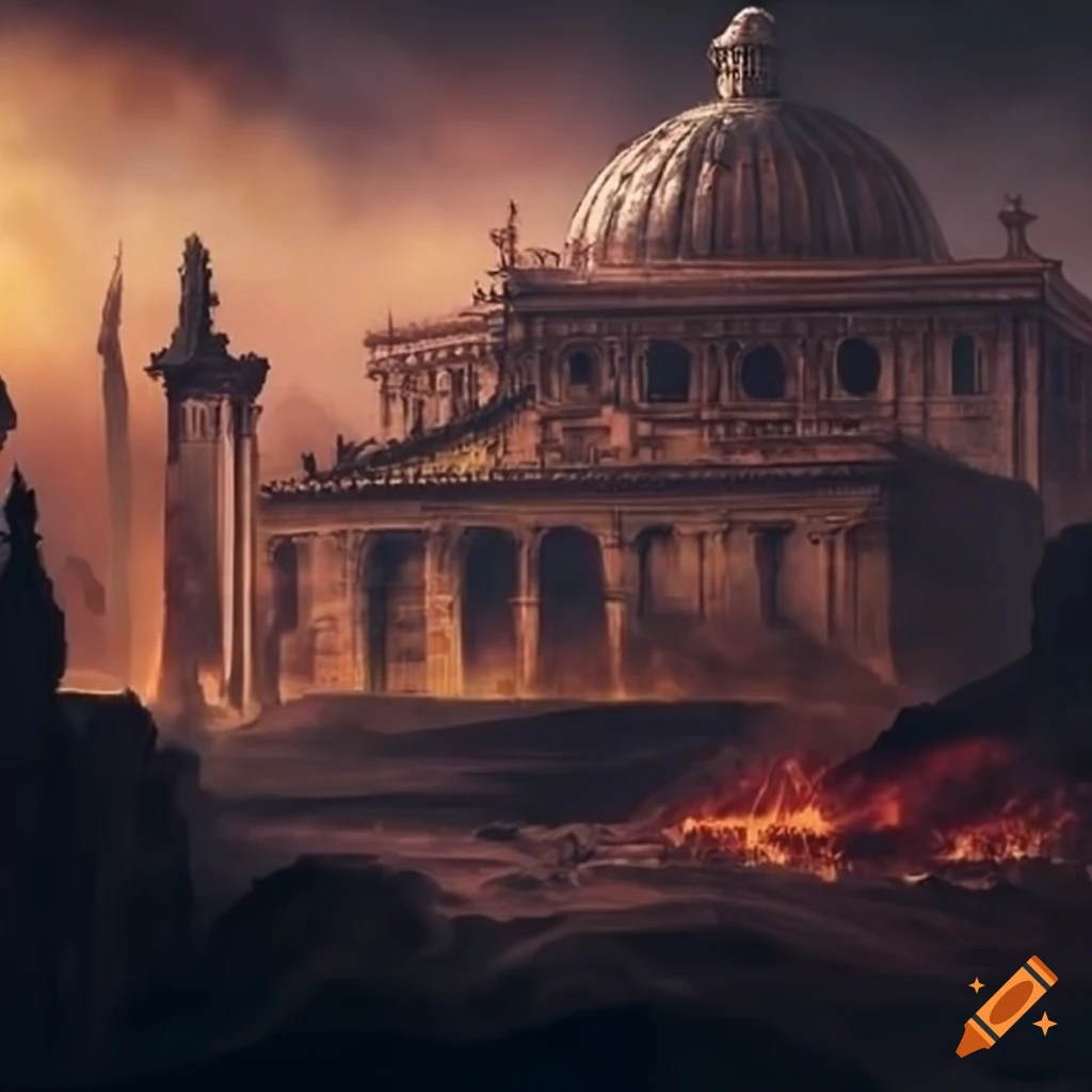 Dark landscape of the roman empire on fire on Craiyon