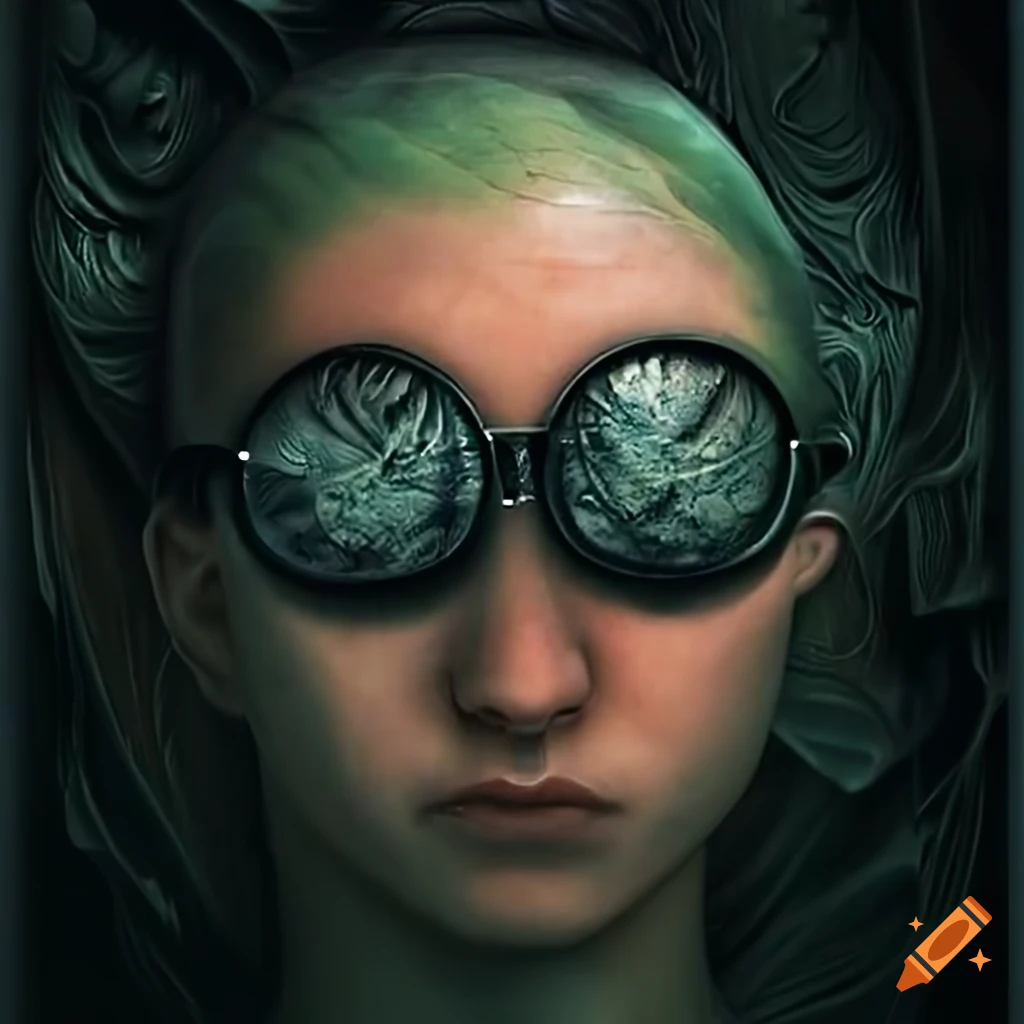 Unconventional girl with wide green sunglasses and plant-like hair on ...