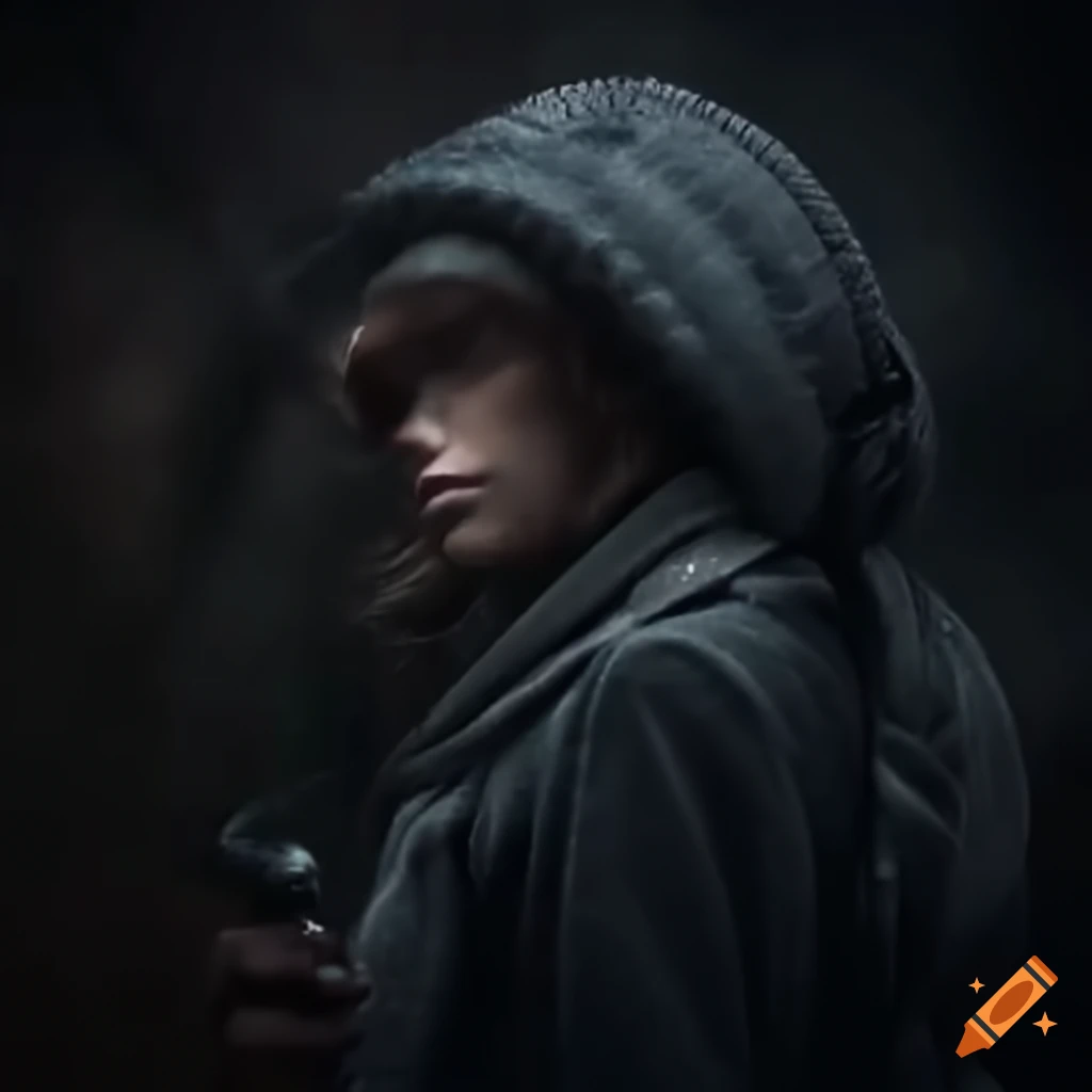 Girl in hood with side profile and close-up face in cinematic style on ...