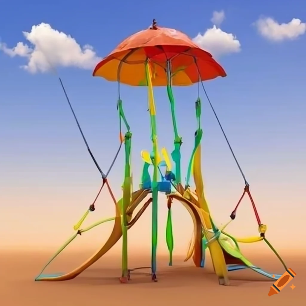 Surrealist colorful playground with sand square and swing on Craiyon