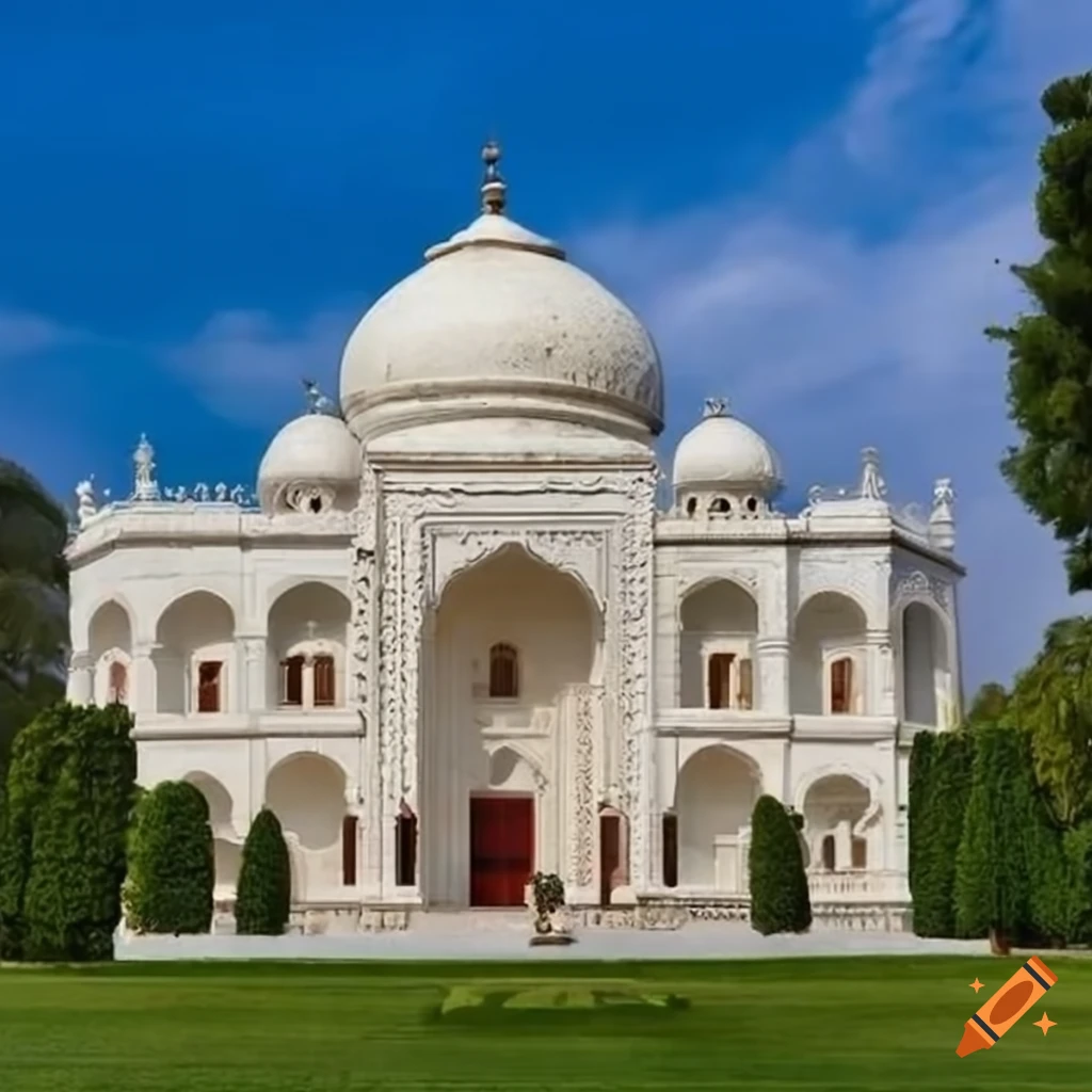 Frontal view of mahal white house in mediterranean architectural style ...