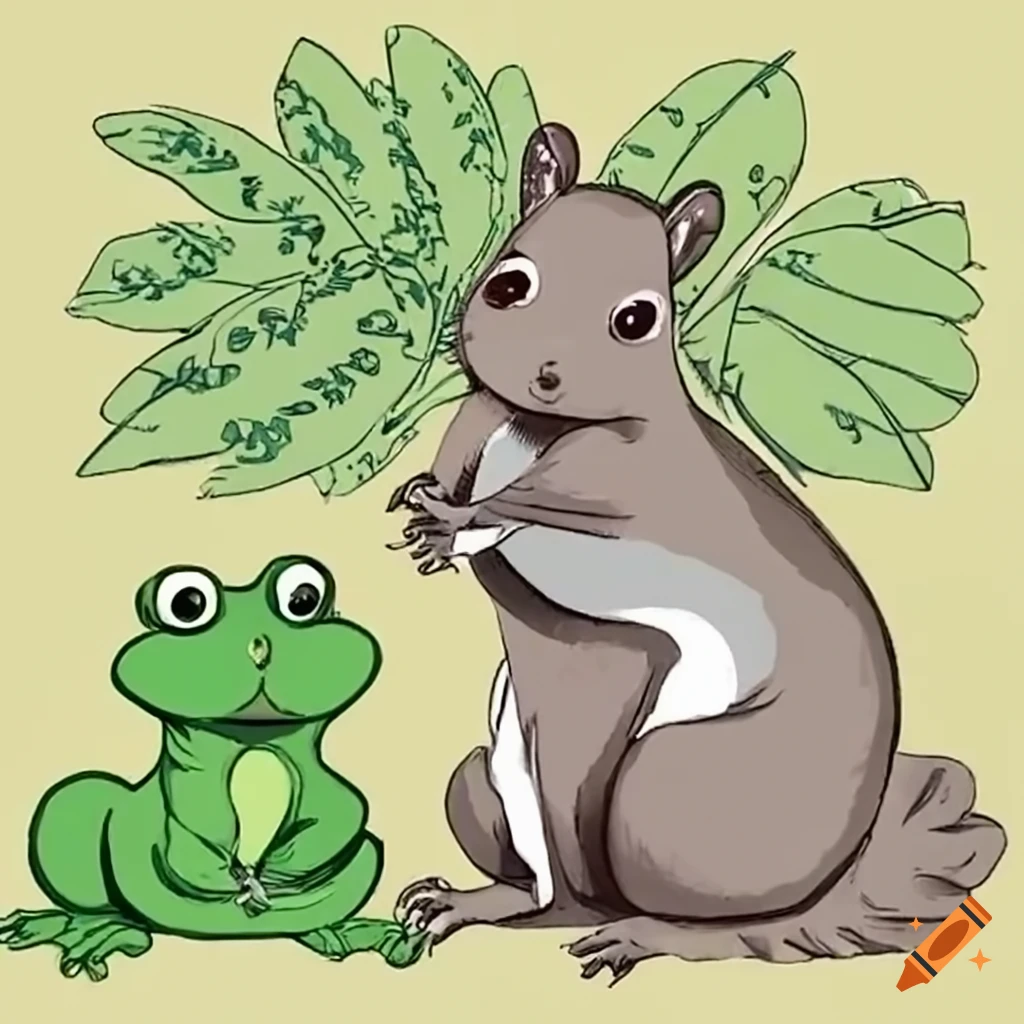 Squirrel and frog conversing in the jungle