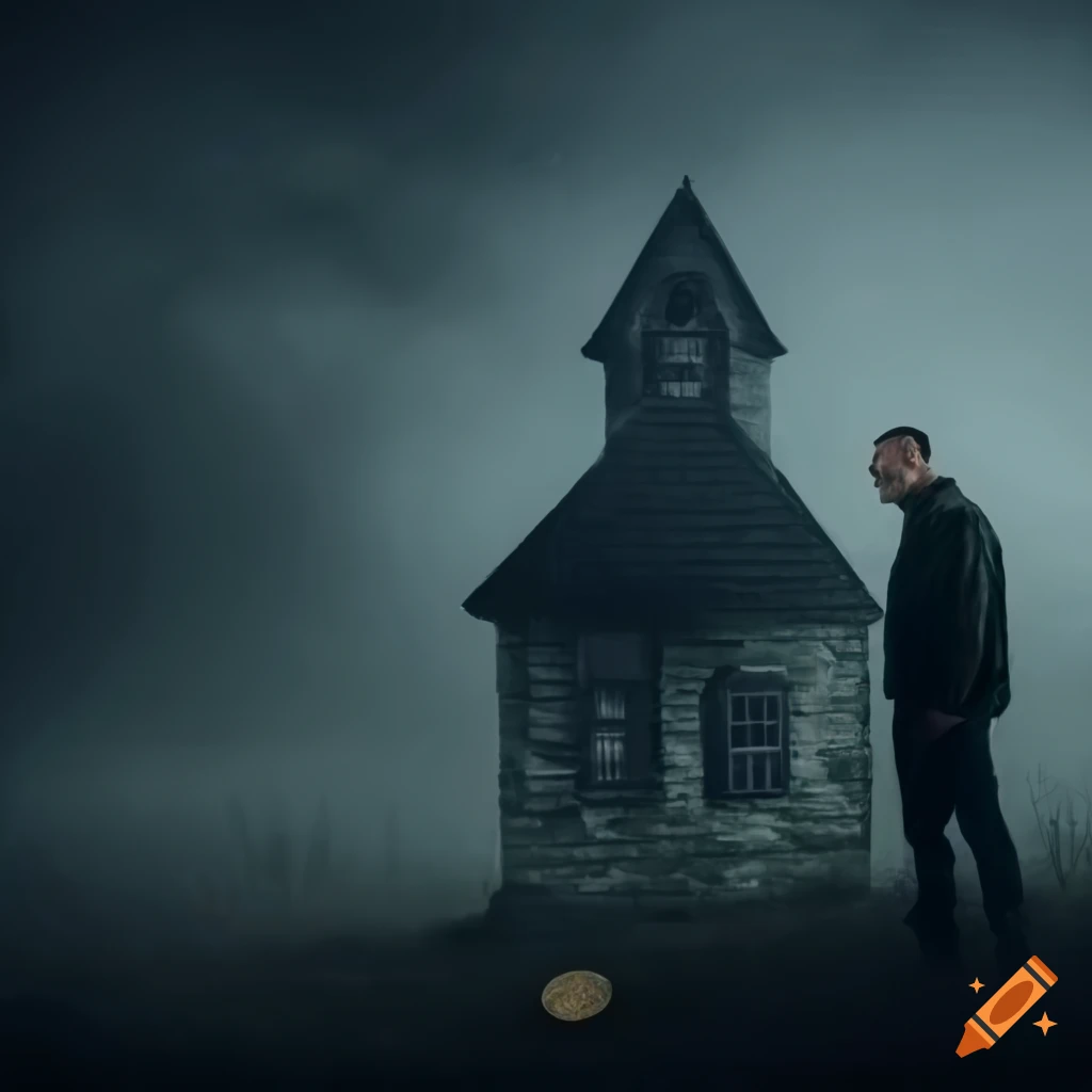 Man standing near a haunted house with falling coins