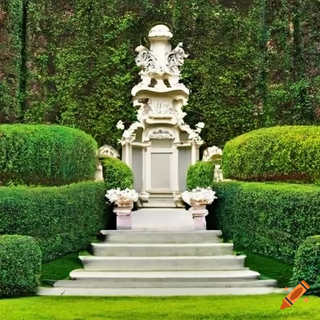 White baroque house in a leafy garden with high baroque stairs and ...