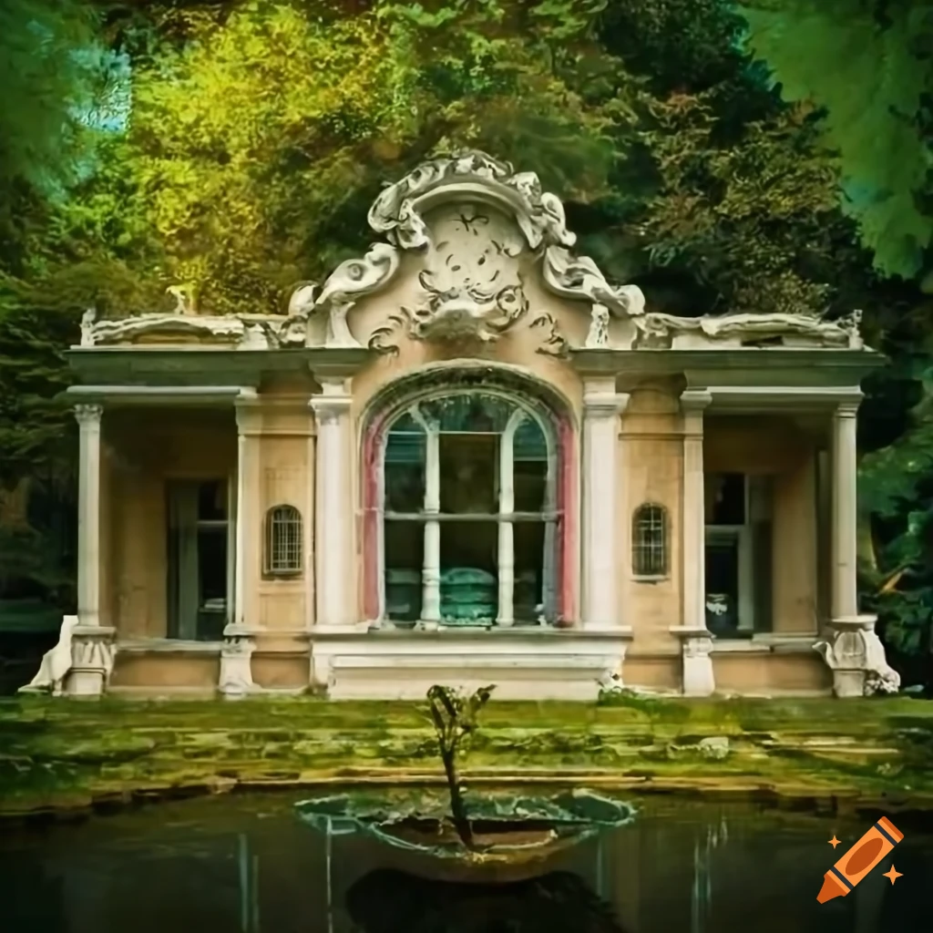 Image of a rococo stucco entrance in a leafy garden on Craiyon