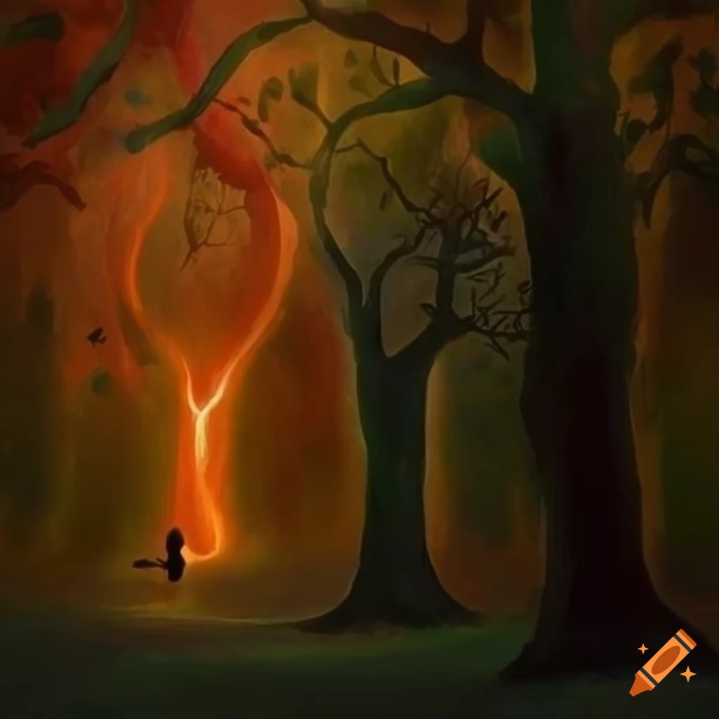 Cubist artwork representing a haiku about lightning and trees on Craiyon