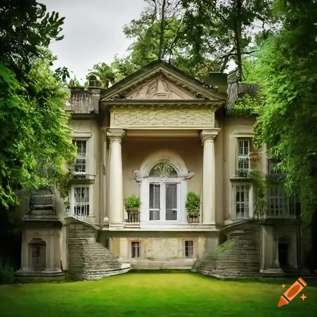 Stucco entrance in a leafy garden with pond