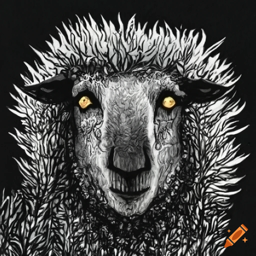 Ink drawing of a spooky sheep with spiky branches on Craiyon