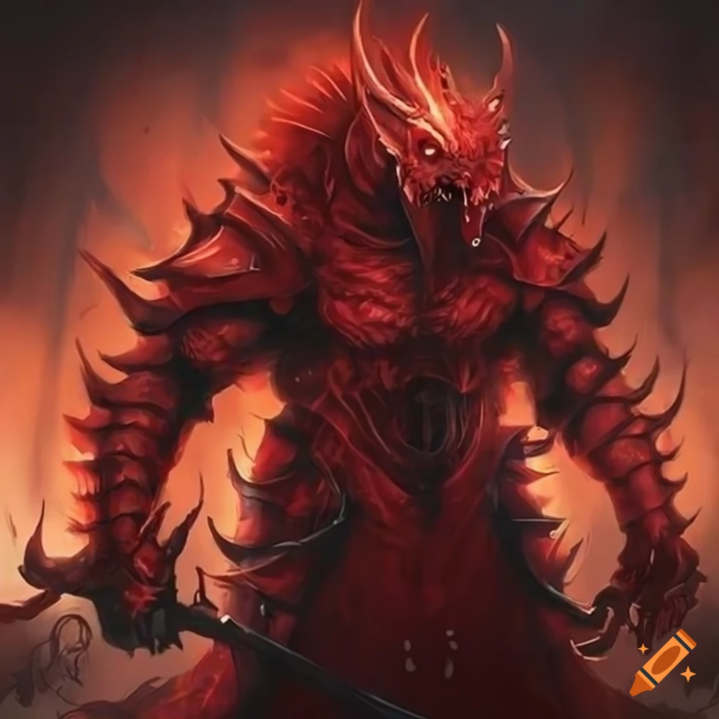 Art of a red armored beast in the fog on Craiyon