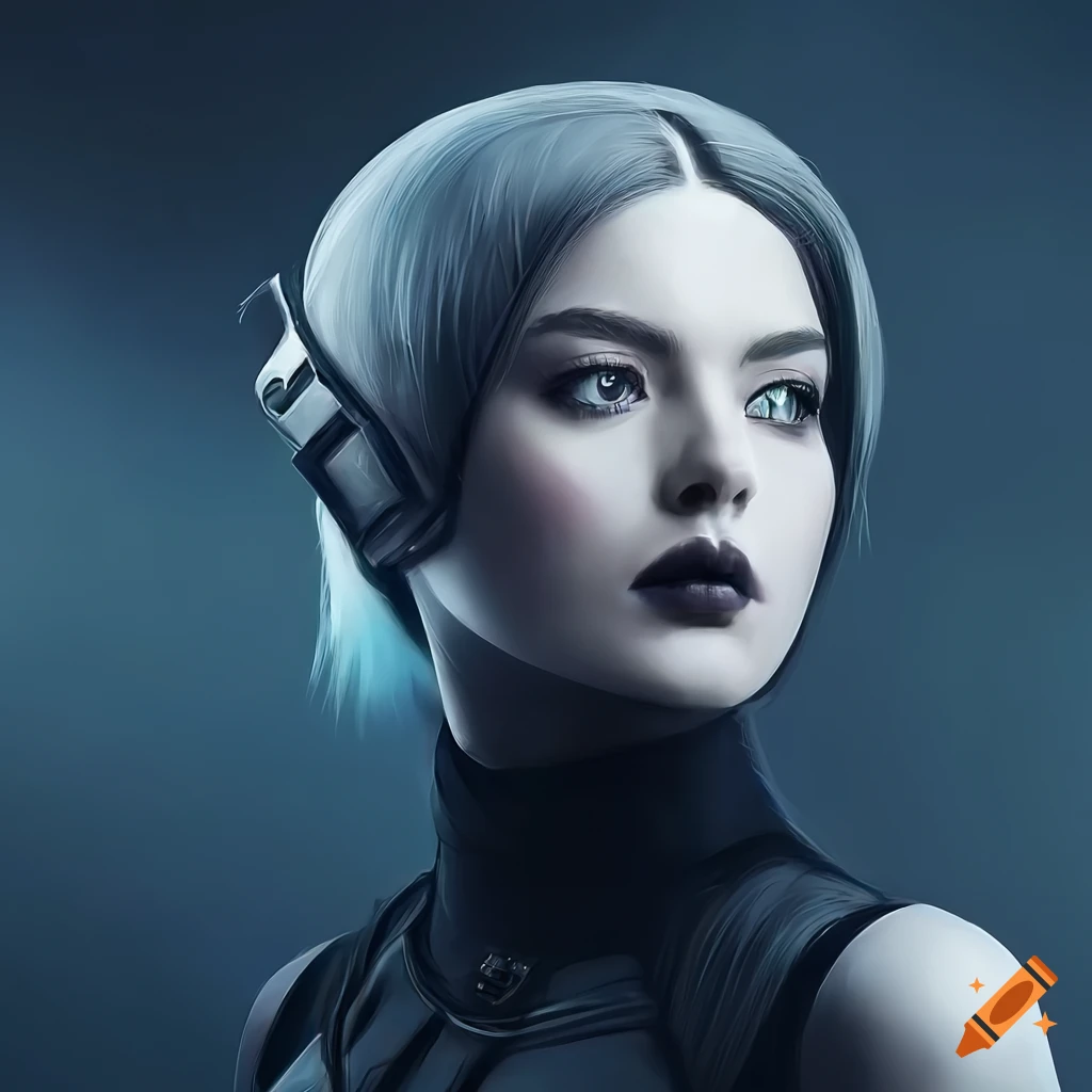 Black and white rendering of a futuristic woman with glowing skin on ...