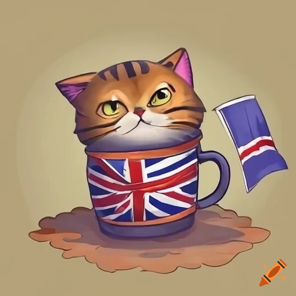Cartoon cat drinking tea with british flag on Craiyon
