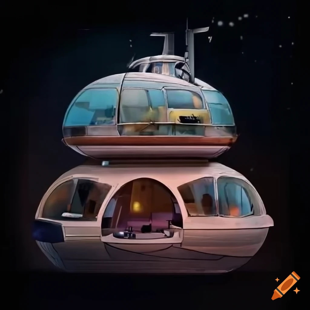 Retro futurism technical drawing of a living pod with unique landing ...