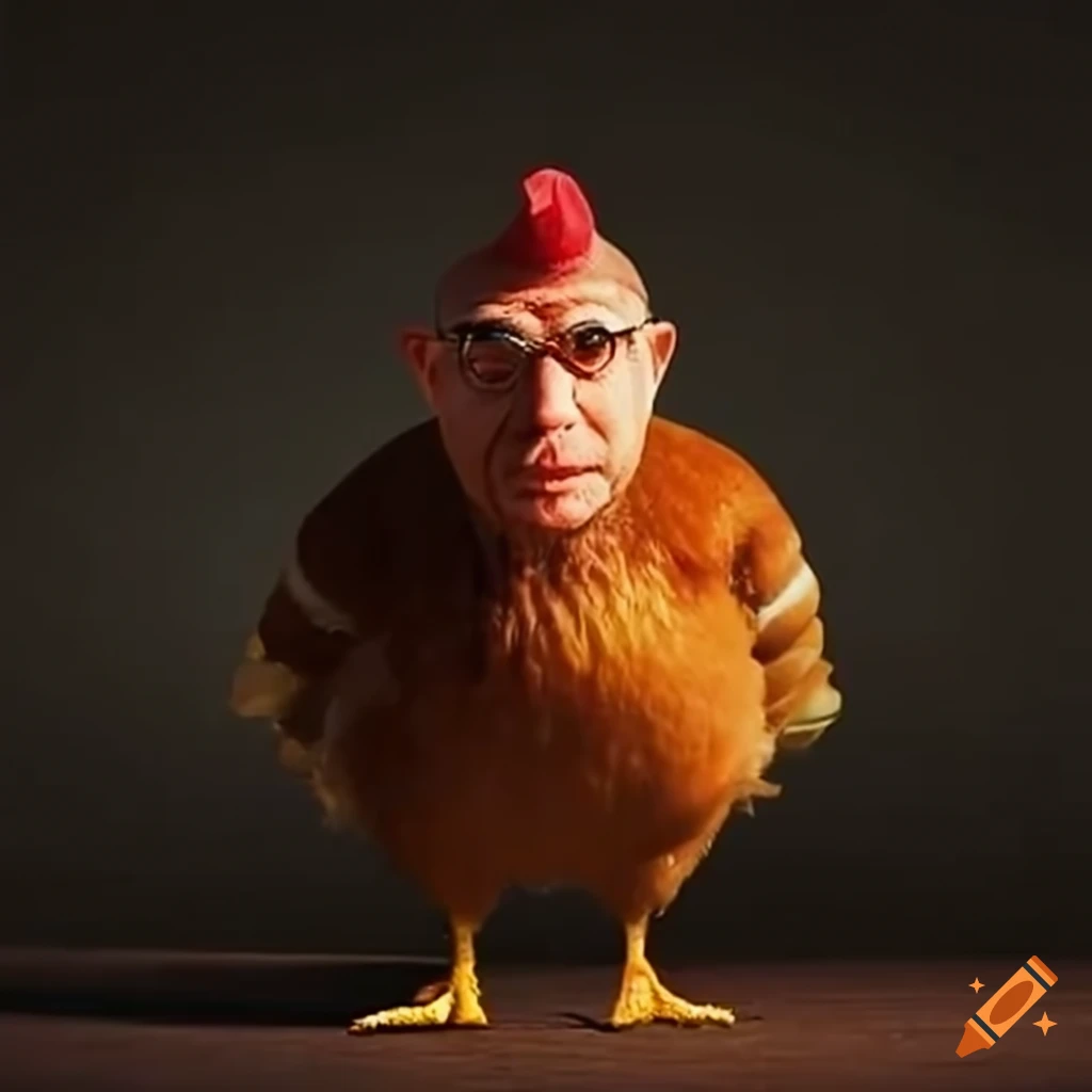 Satirical illustration with men and a chicken talking on Craiyon