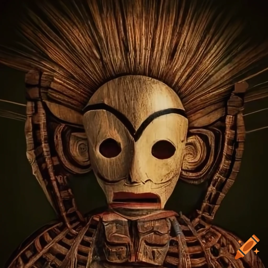 Artistic depiction of a bigfoot wearing a haida mask on Craiyon