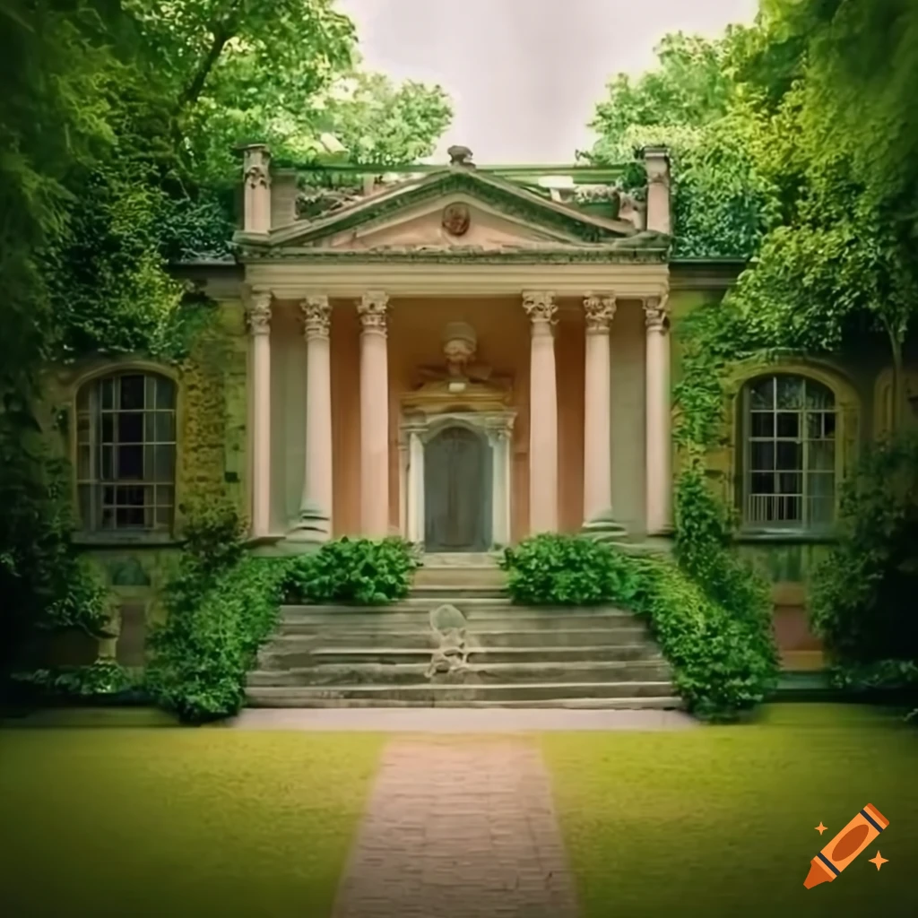 Rococo stucco entrance in a leafy garden with a pond on Craiyon