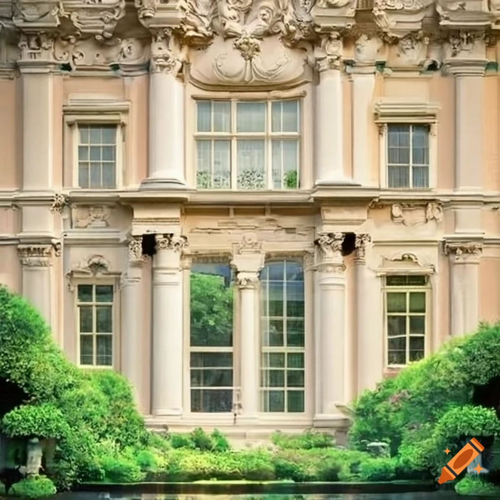 Rococo stucco entrance on classical building with garden on Craiyon