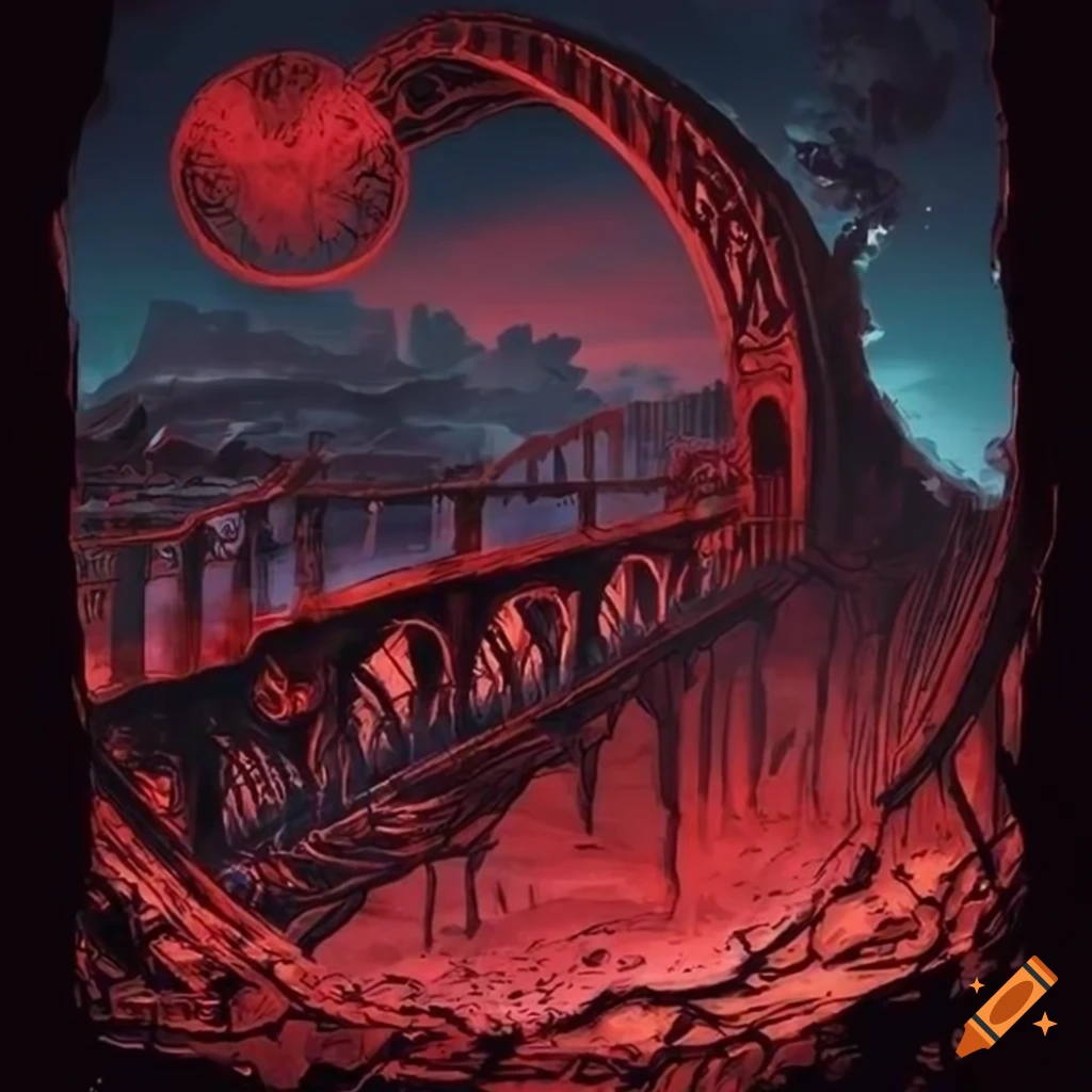 Red and black metal bridge artwork