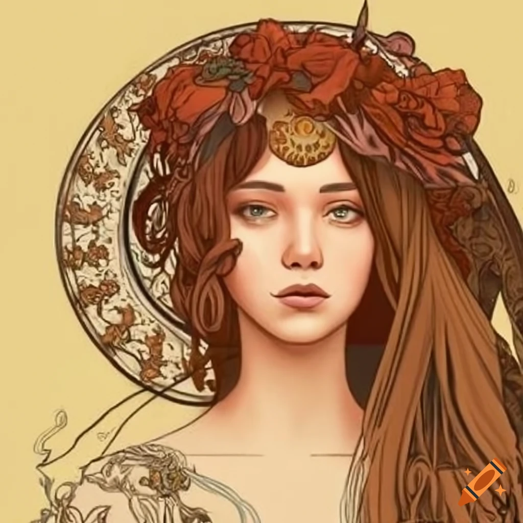 Portrait in the style of Alphonse Mucha on Craiyon