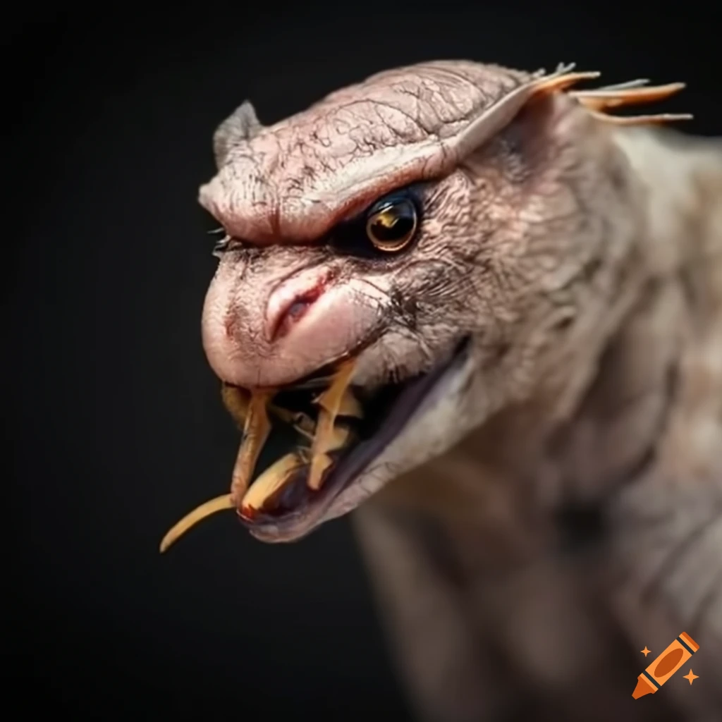 Mythical creature with lion body, gryphon wings, turtle head, and ten ...