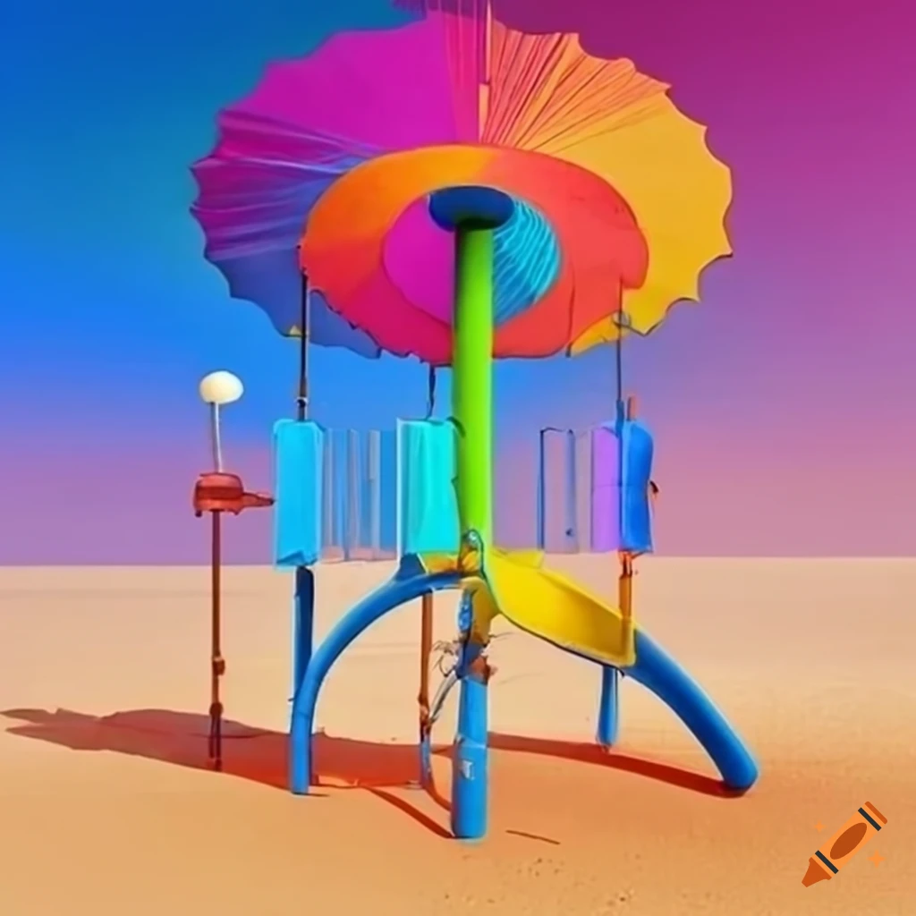 Colorful surreal playground with sand, swings, and parasols on Craiyon