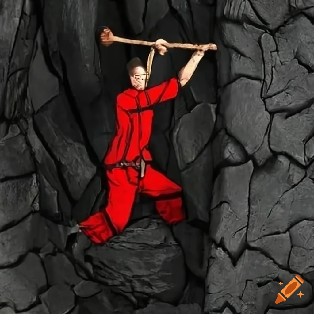 Miner breaking rock wall with pickaxe on Craiyon