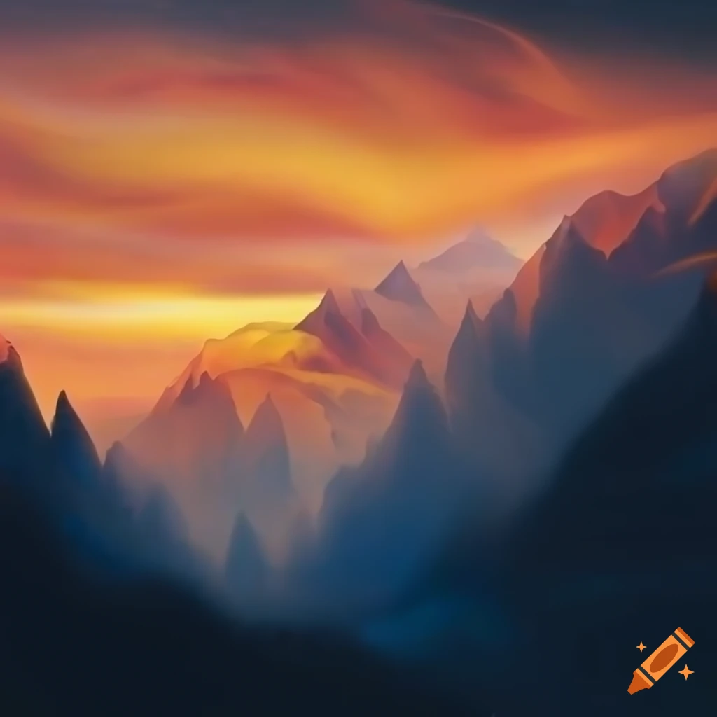 Hyper-realistic painting of mountain valleys at golden hour on Craiyon