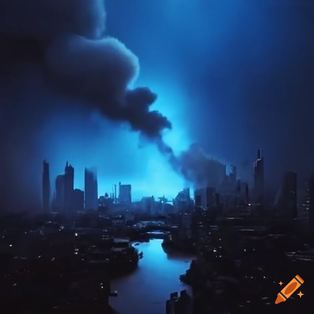 Blue flames engulfing a city on Craiyon