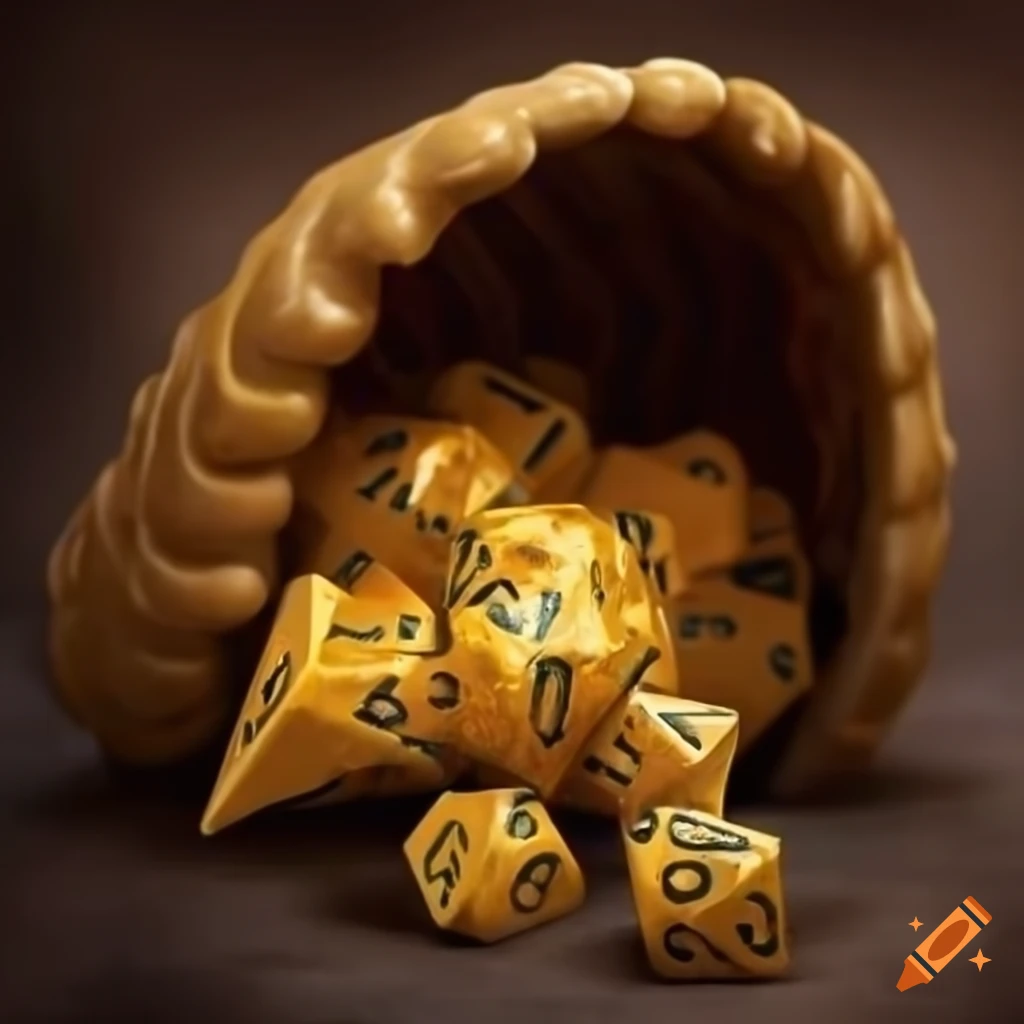 Rpg dice pouring from a cornucopia on Craiyon