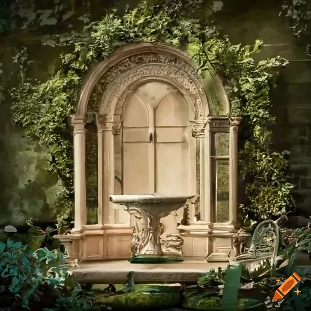 Elegant rococo stucco entrance with garden and pond on Craiyon