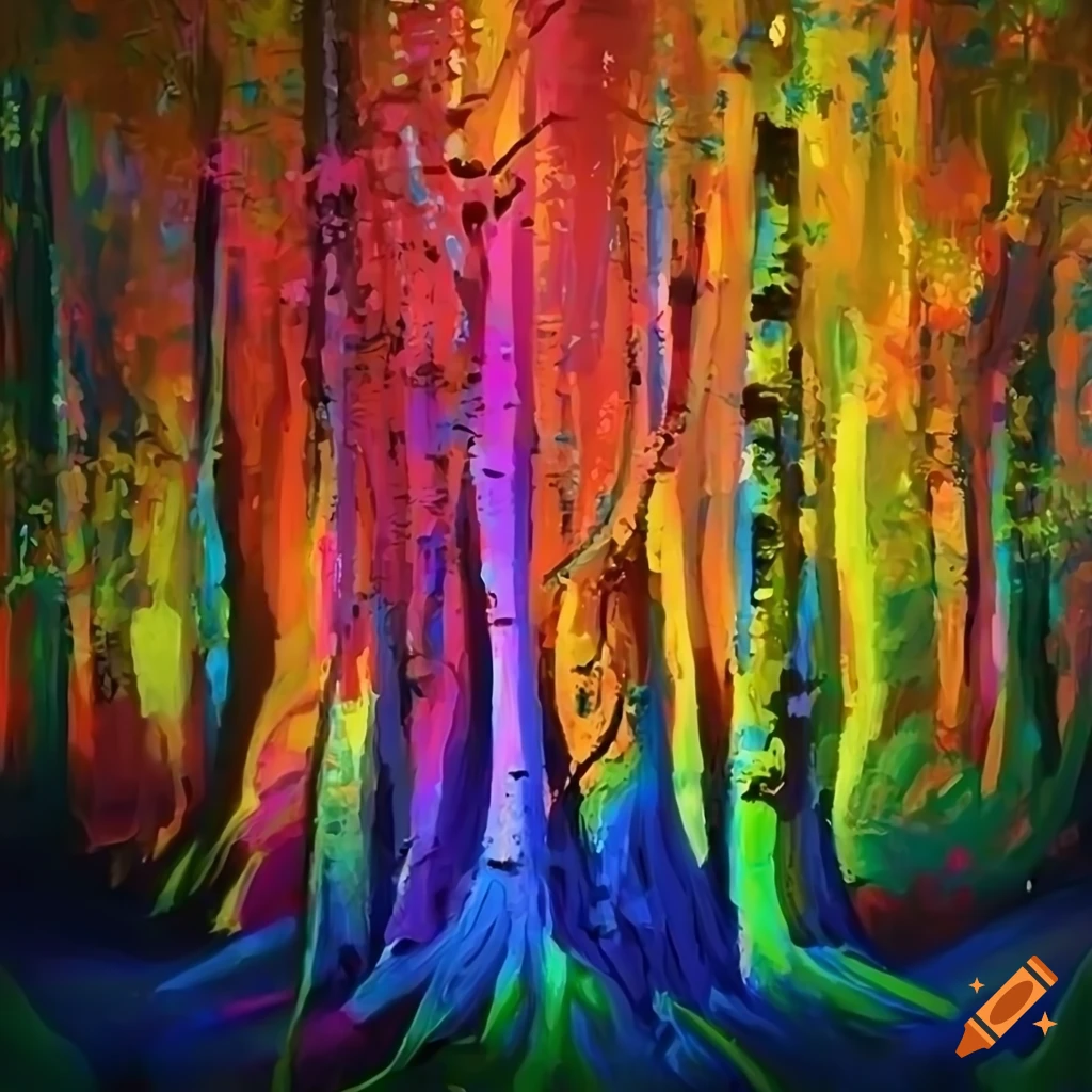 Colorful acrylic painting of birch trees in a forest on Craiyon