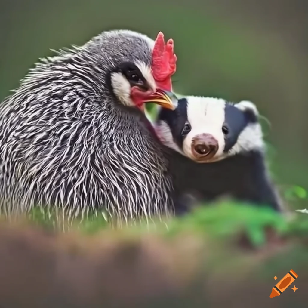 Chicken and badger cuddling together on Craiyon