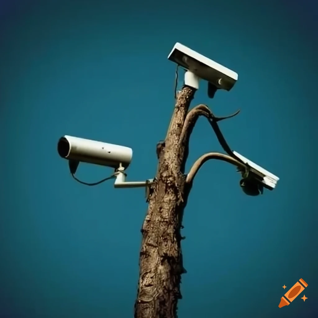Tree with surveillance cameras on Craiyon